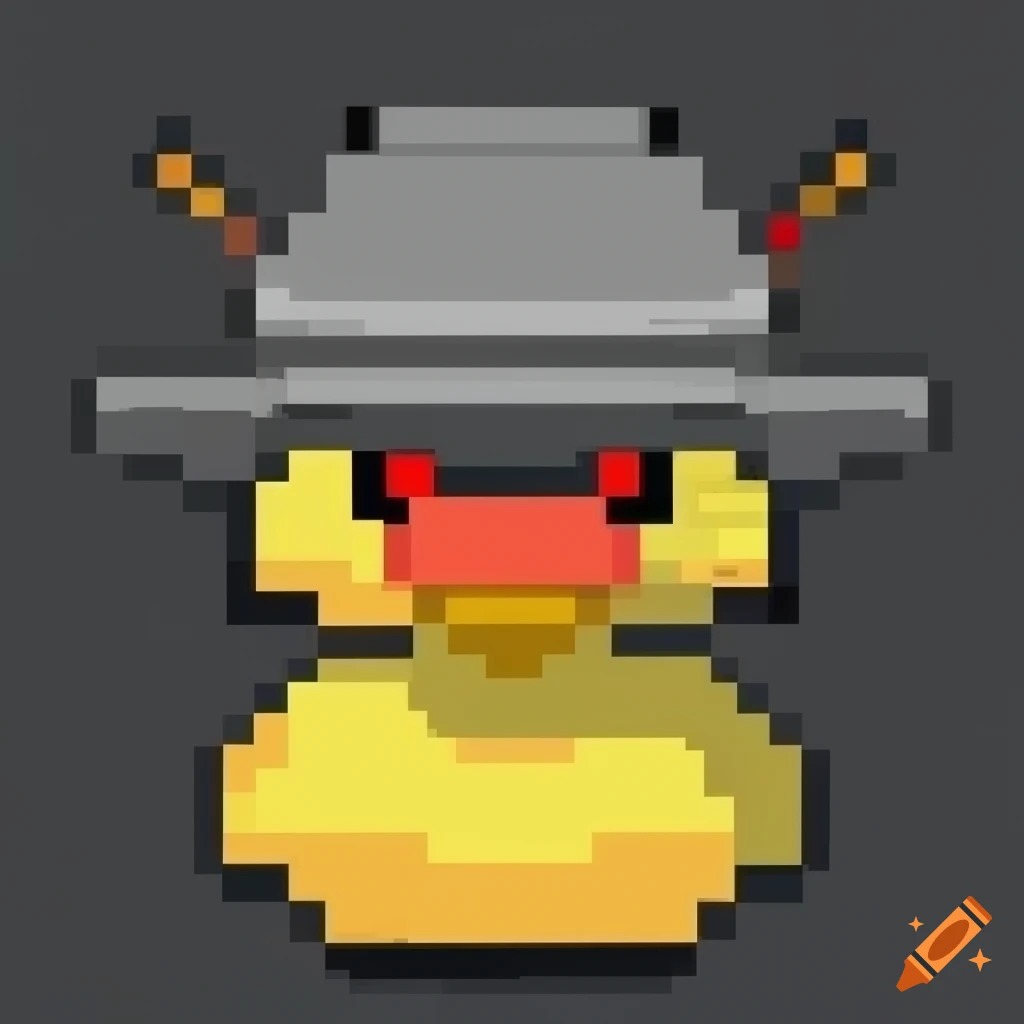 Pixel art of a yellow duck with a gray hat and red eyes on a black ...