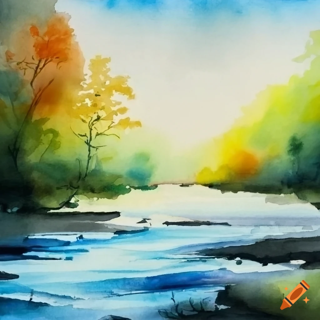Peaceful landscape with a flowing river in a watercolor painting on Craiyon