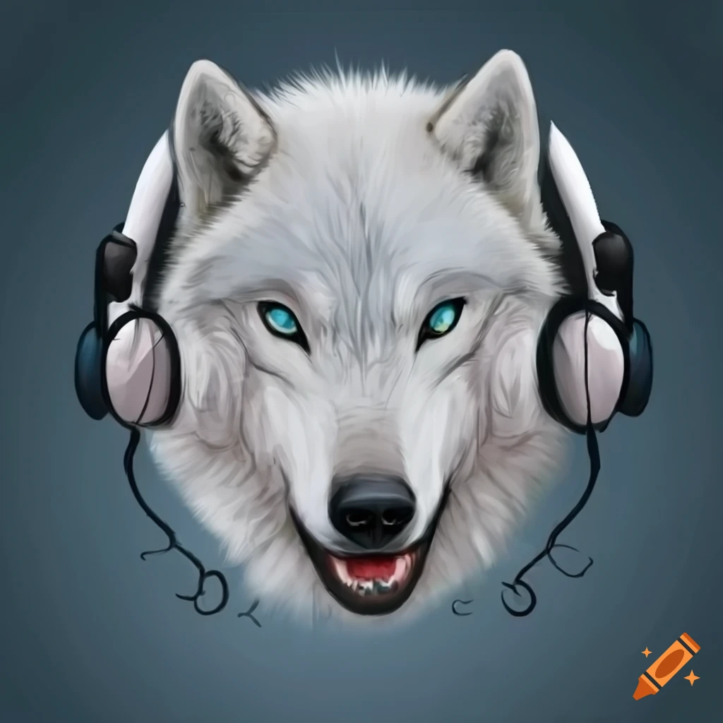 White wolf wearing a headset on Craiyon