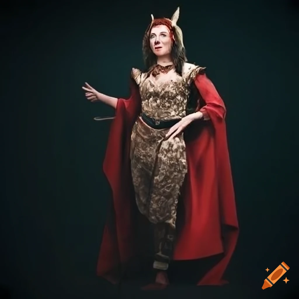 Tall and skinny medieval circus magician in wizard cape and elf ears ...