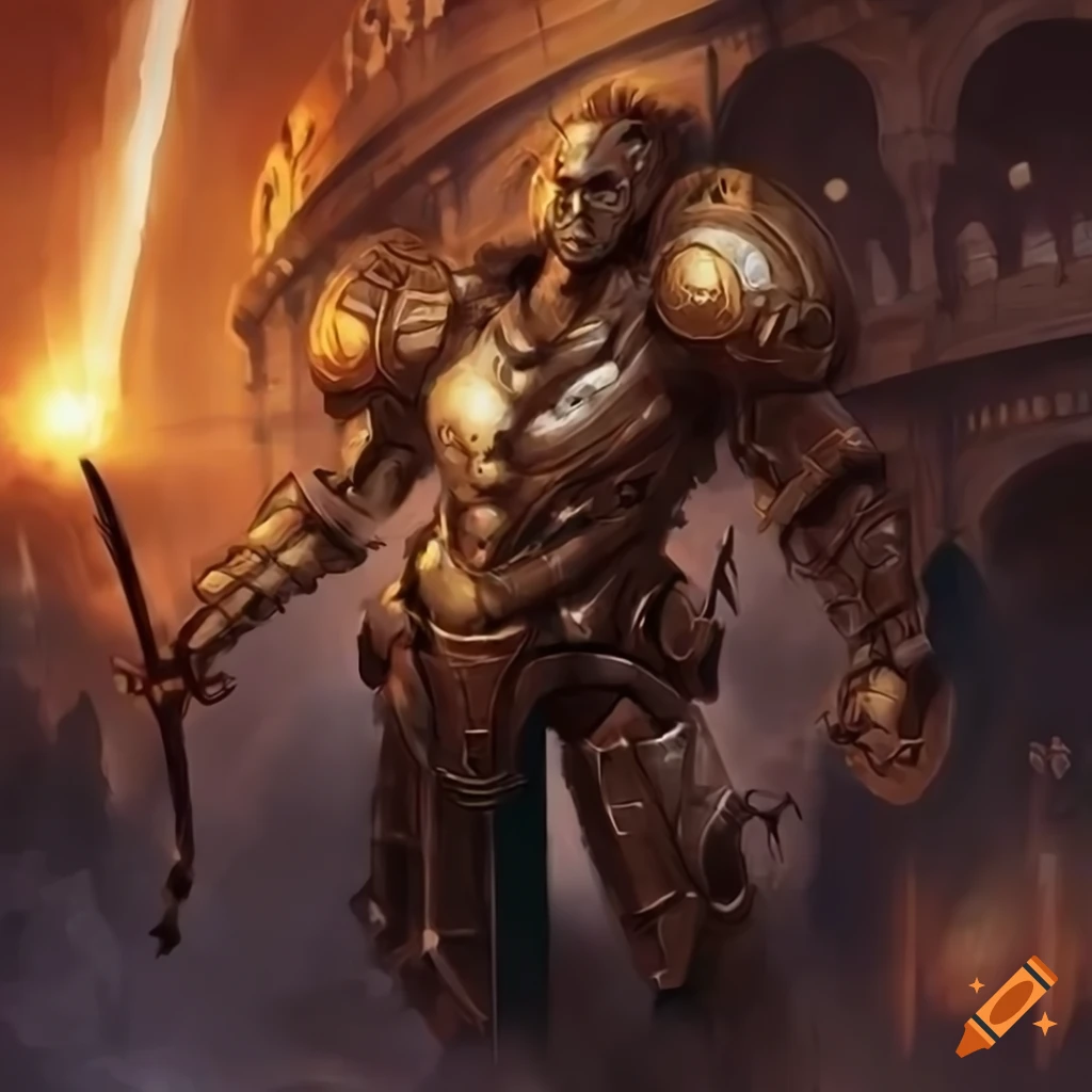 Mechanical warrior battling in a coliseum in a fantasy art style on Craiyon