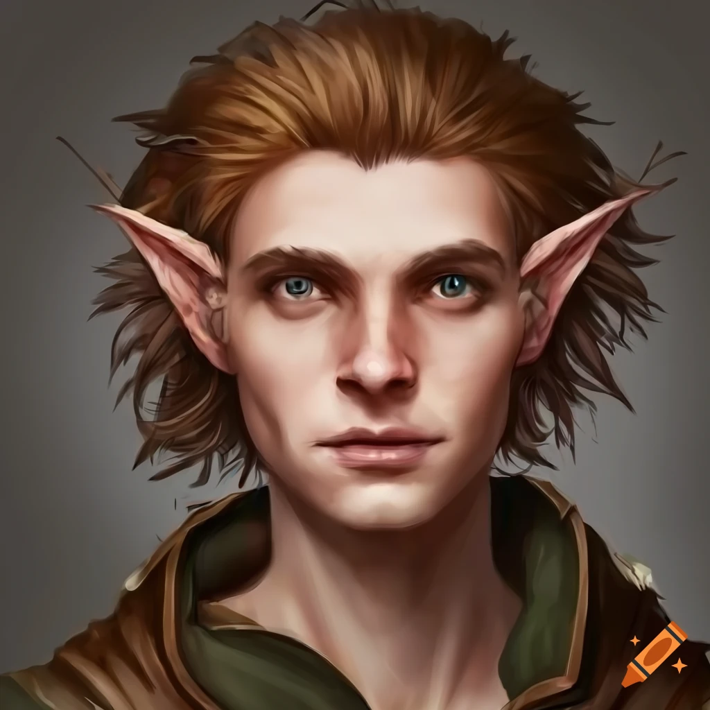 Portrait of a half-elf male adventurer with pointy ears and brown hair ...