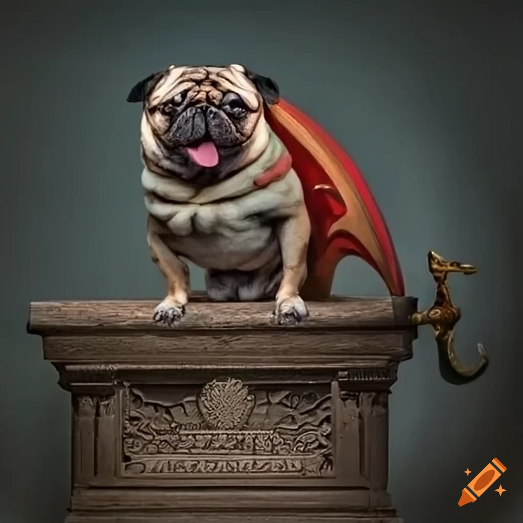 Pug holding a sword above a dragon on Craiyon