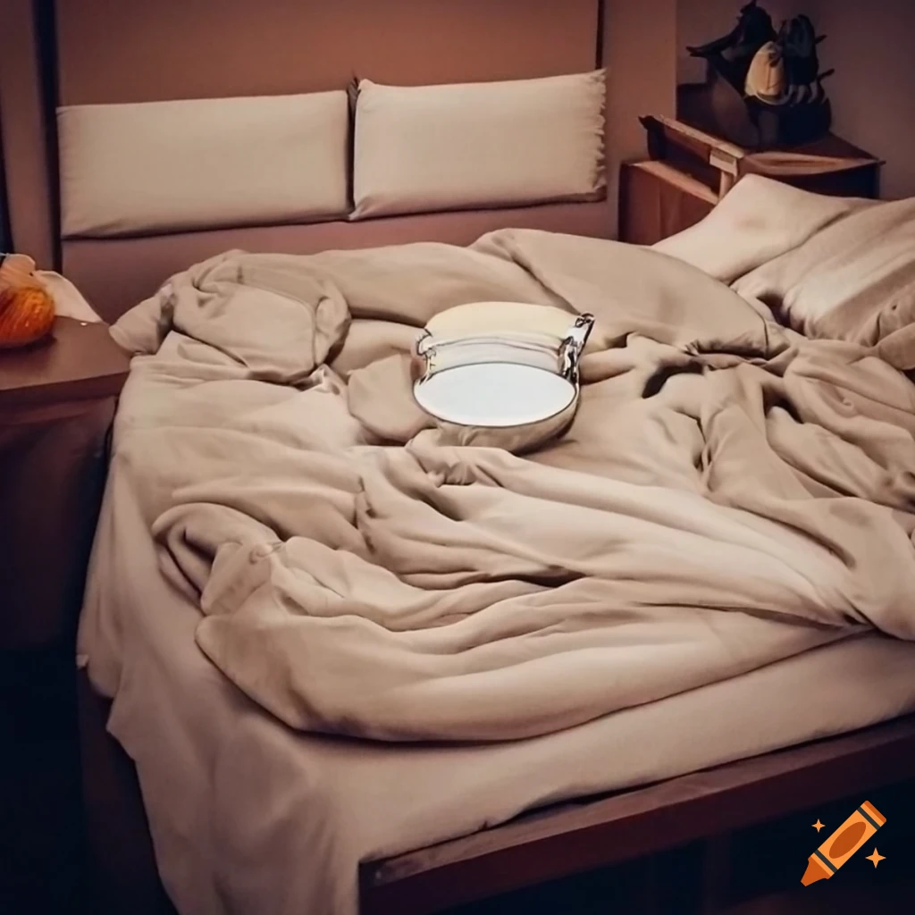 Pots and pans on a king sized bed on Craiyon