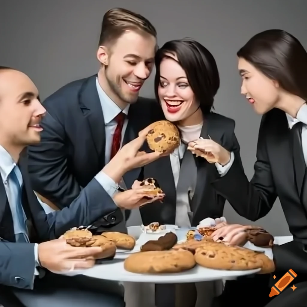 Business people in suits eating at a cookie party on Craiyon