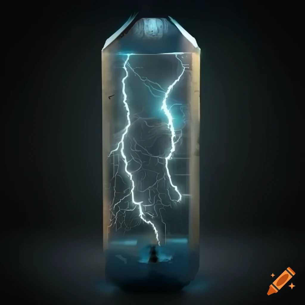 Concept art of a large lightning-filled specimen container on Craiyon