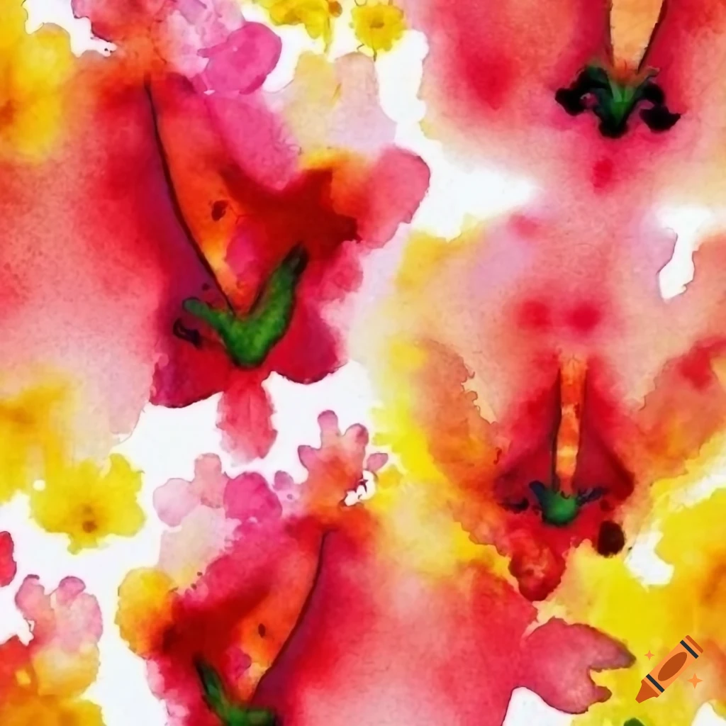 Red and yellow flowers in rorschach ink blot style on plain background ...
