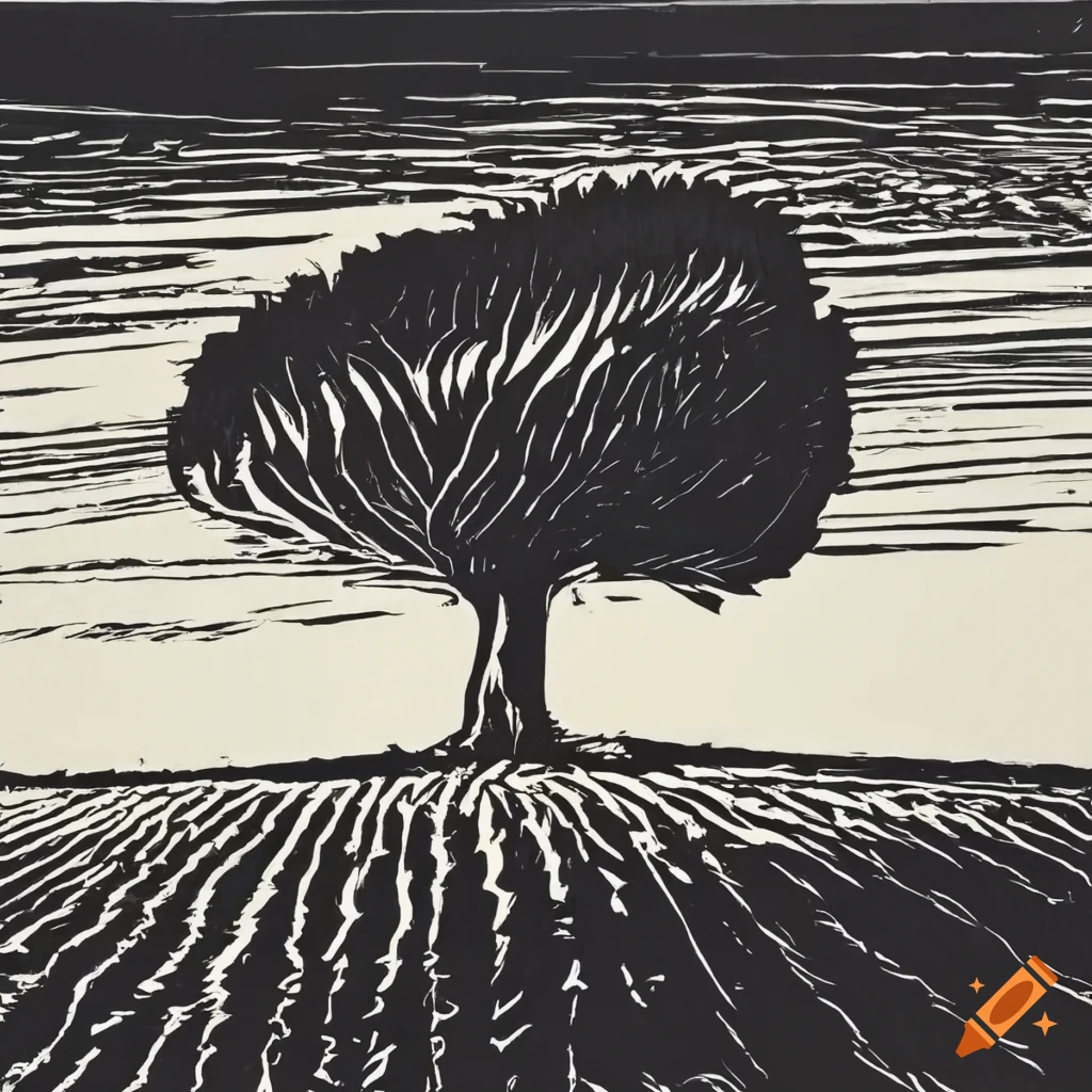 Lone tree in a field in a monochrome woodcut style on Craiyon