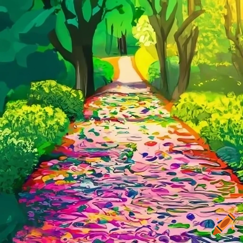 Giant brush drawing a path in a garden on Craiyon