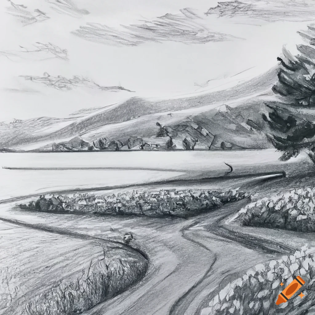 Landscape pencil sketch with perfect composition, a masterpiece on Craiyon