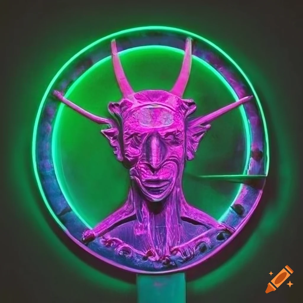 Neon magenta devil in a green circle on black background by Max Ernst ...