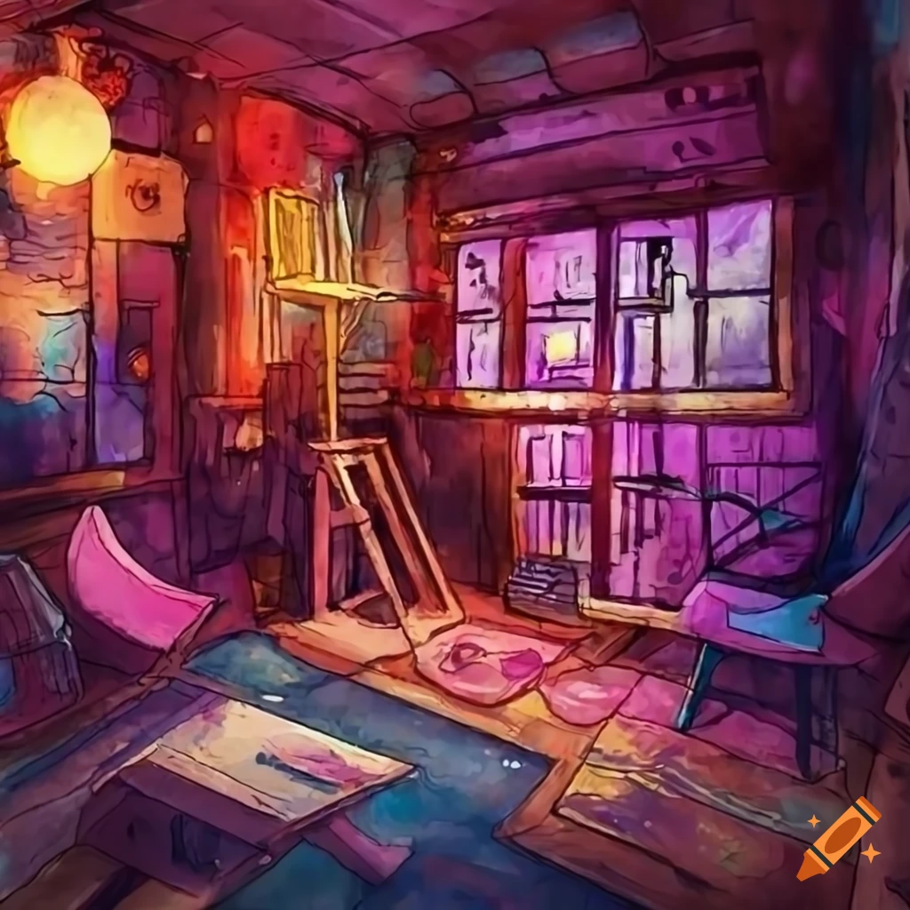 Cozy treehouse interior with cyberpunk design in watercolor on Craiyon