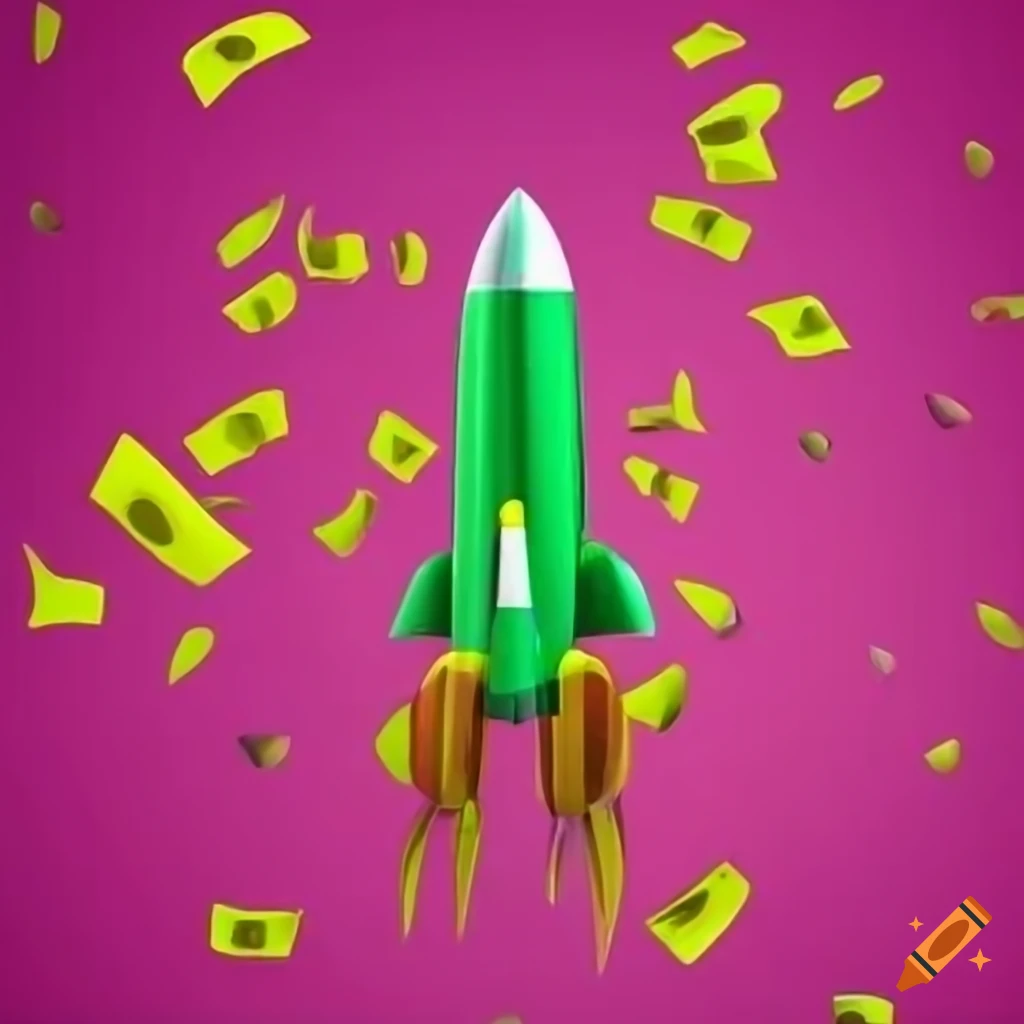 Green rocket flying with money falling on pink background on Craiyon