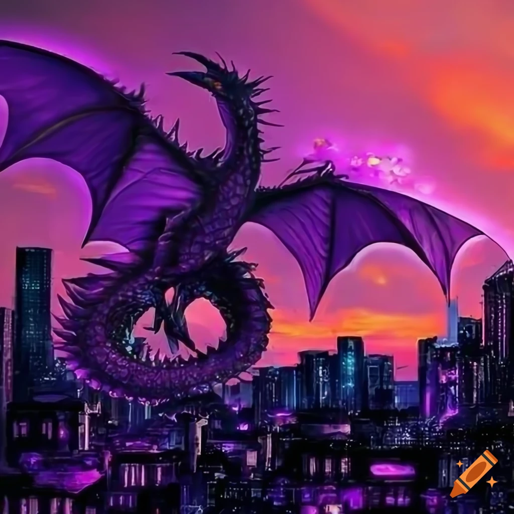 Magnificent dark-purple dragon flying over a vibrant city at sunset on ...