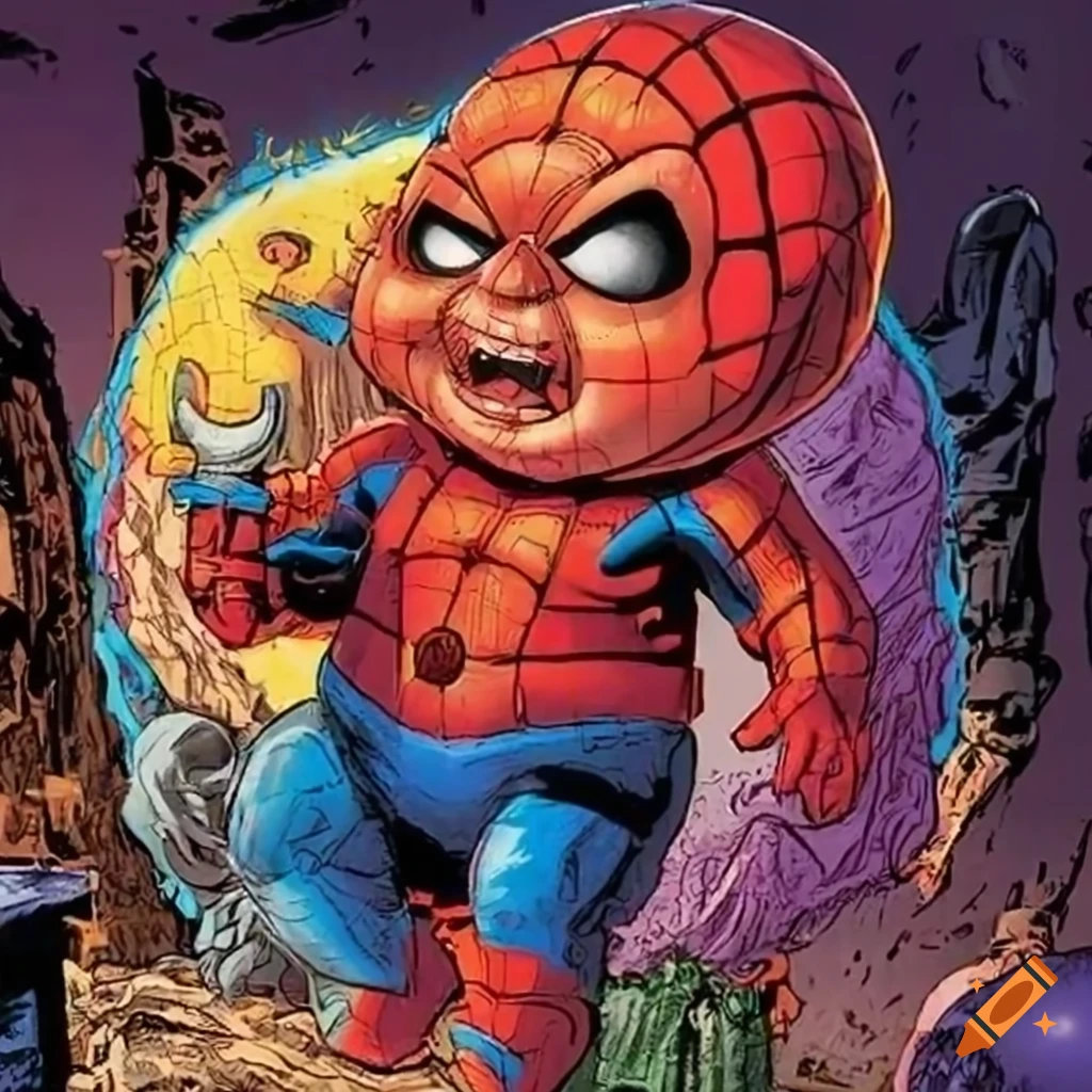 Comic book characters Garbage Pail Kids and Spiderman on Craiyon