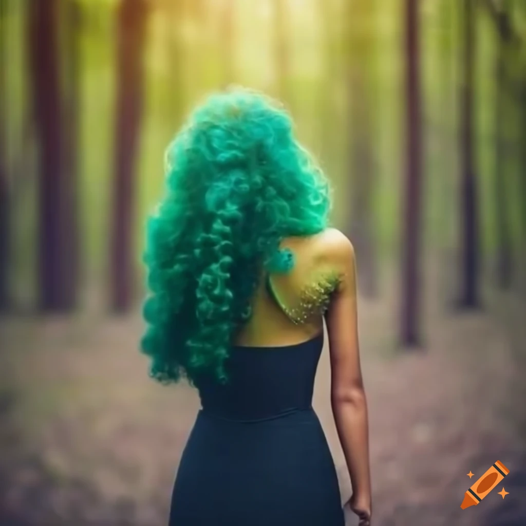 Pretty green-skinned woman with long green curls in a bright forest on ...