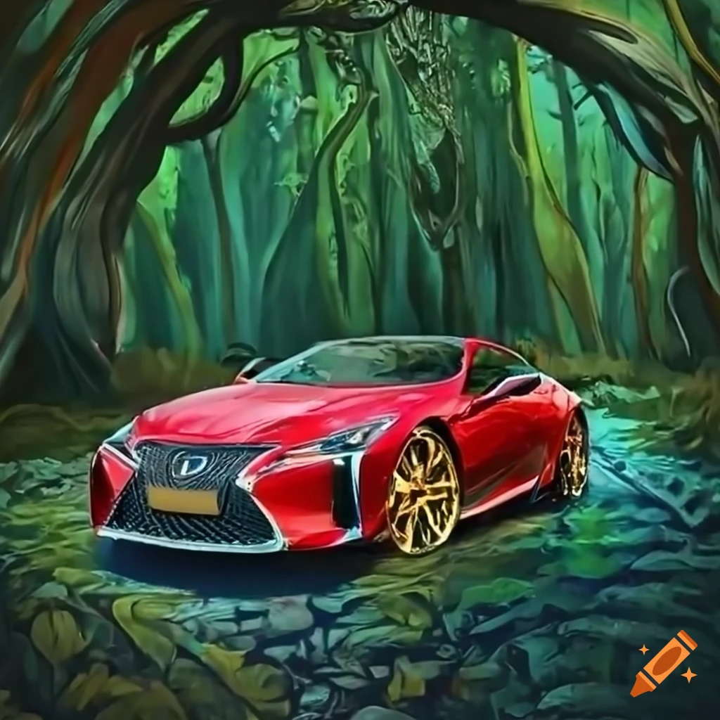 Sleek red Lexus LC500 with gold-wire wheels in a mysterious forest on ...