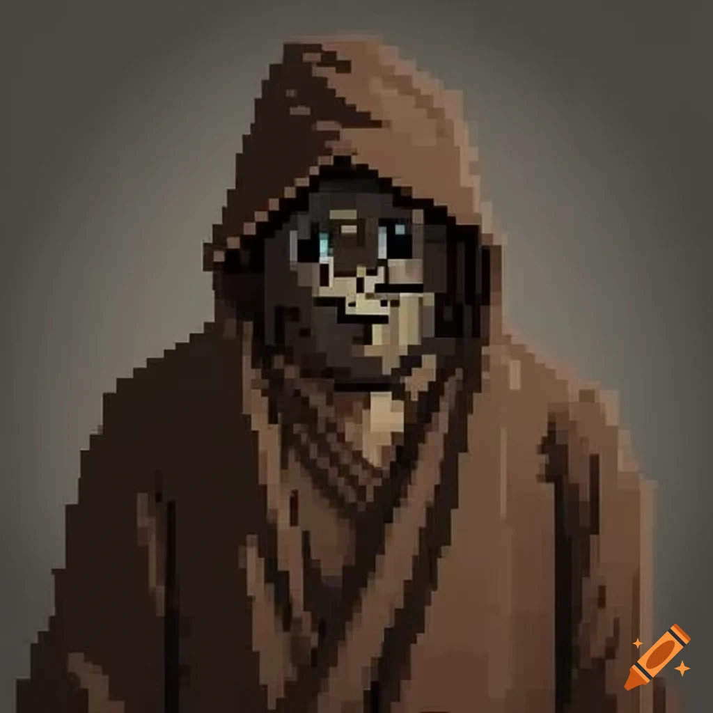 Pixel art of a post-apocalyptic mysterious man in a brown robe on Craiyon