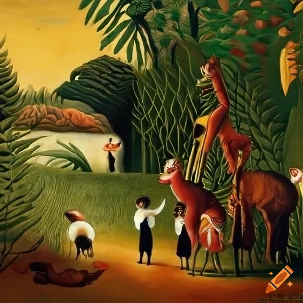 Jungle painting of animals playing music instruments in henri rousseau style on Craiyon