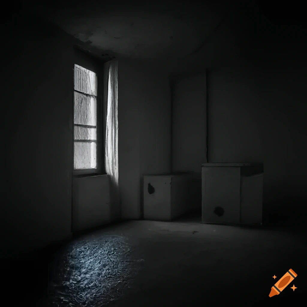 Empty dark room with boxes and a covered window on Craiyon