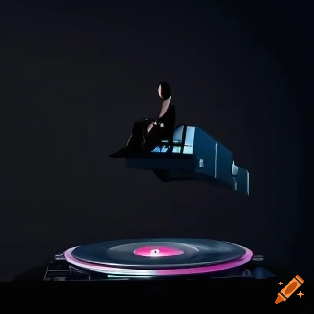 DJ on flying turntables in a spooky sky on Craiyon