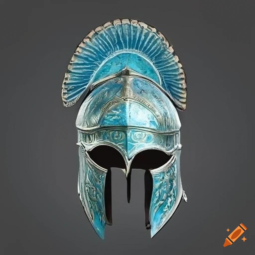 Ancient greek silver helmet with glowing blue swirl patterns on Craiyon