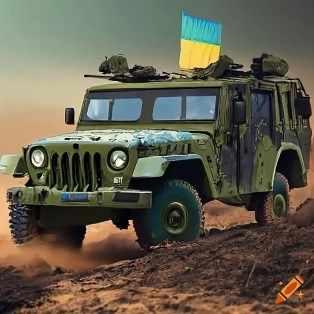 Ukrainian military jeep on uneven terrain on Craiyon