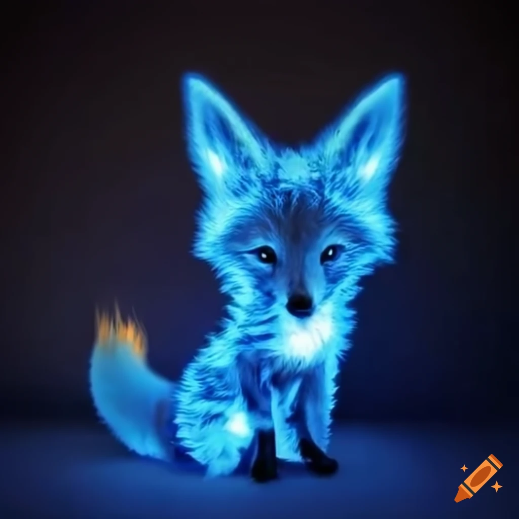 Orange fox with blue glowing accents and fire tail on Craiyon