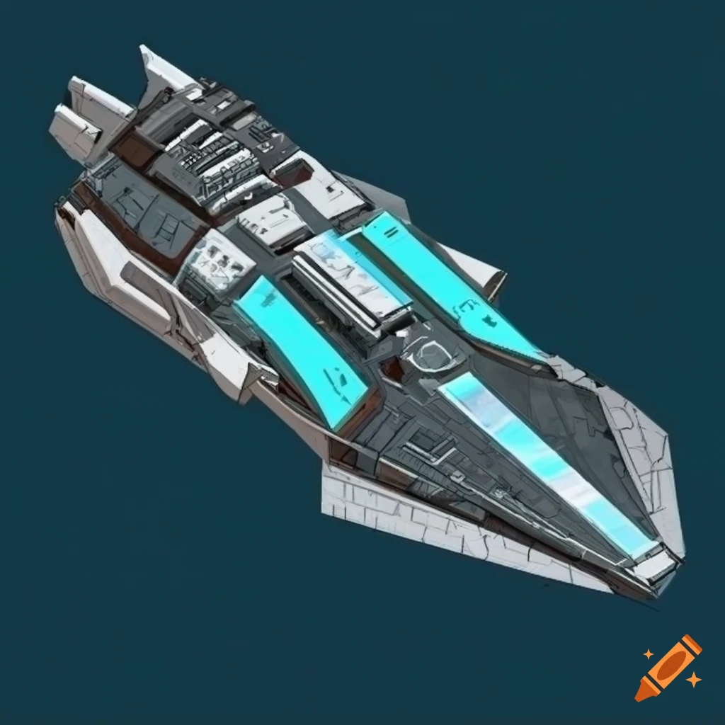 Isometric view of intricately detailed futuristic destroyer spacecraft with small fighters on ...
