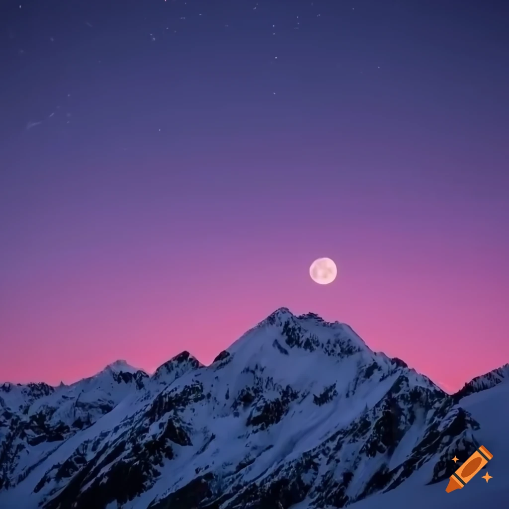 Snowy mountain peaks under a starry sky and glowing moon during dusk on Craiyon
