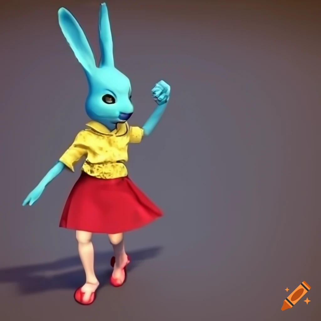 Cyan blue rabbit walking in yellow blouse and red skirt on Craiyon
