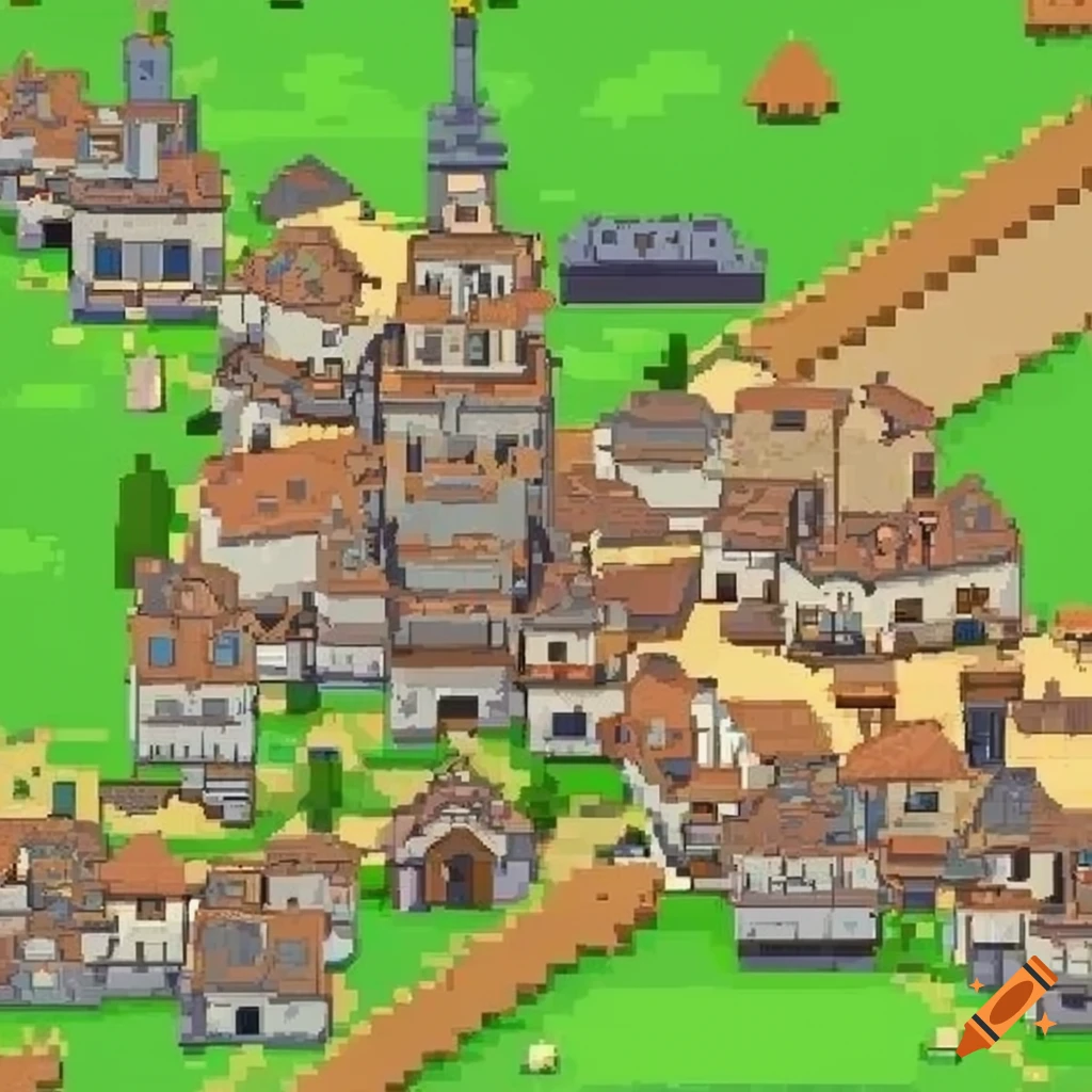 Top-down pixel art of a medieval town surrounded by walls on Craiyon