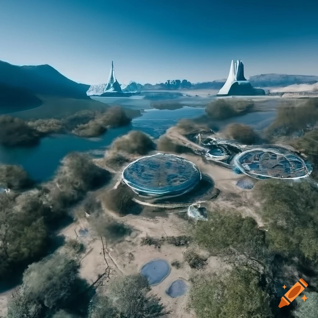 Bird's eye view of a sci-fi spaceport complex in a valley with ...