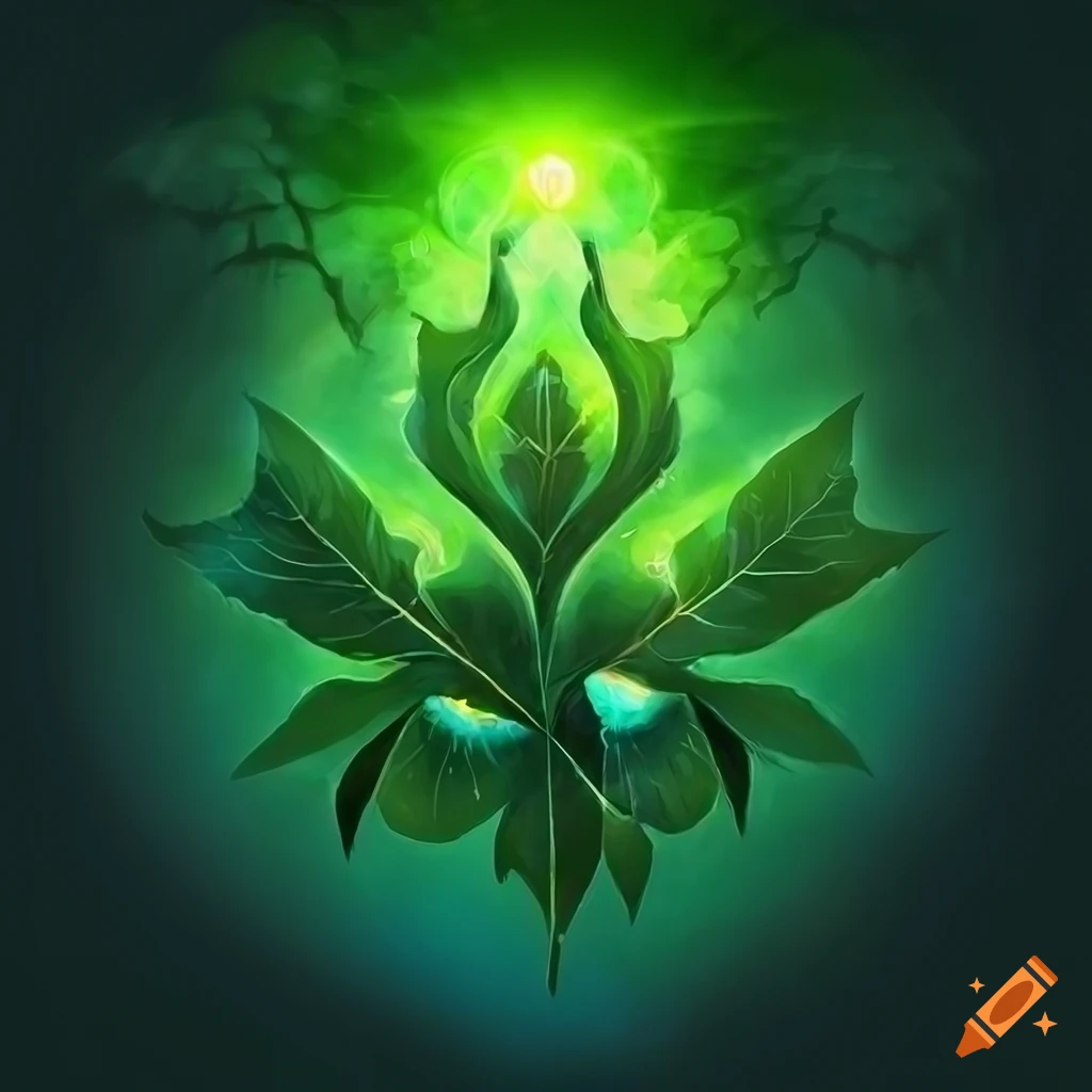 Healing leaves emitting green light to heal a wound with magical energy ...