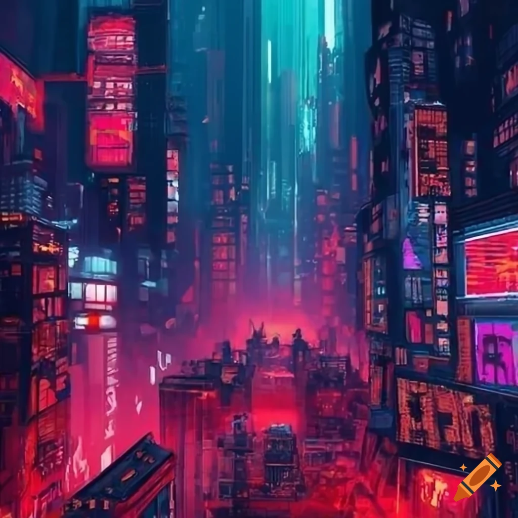 Cyberpunk city landscape in red colors on Craiyon