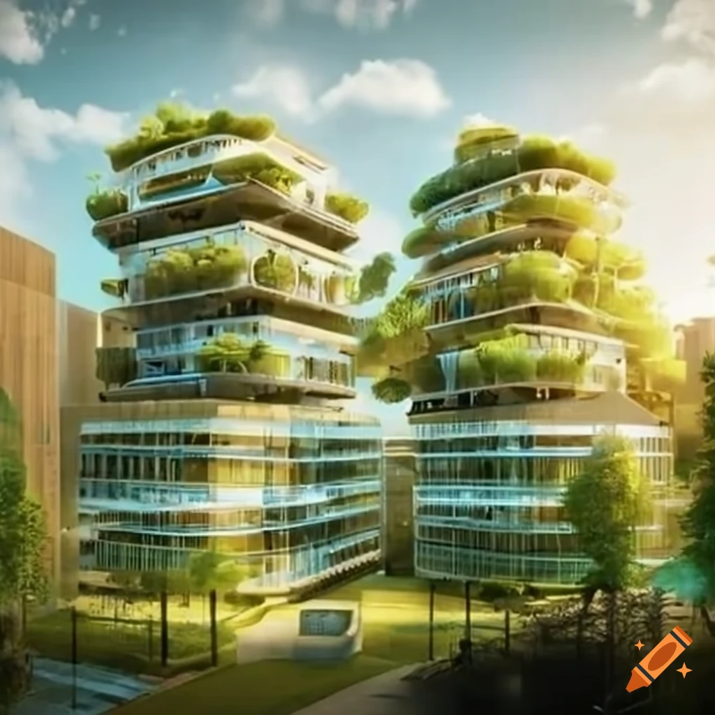 Ville futuriste avec immeubles et maisons avec agriculture urbaine on ...