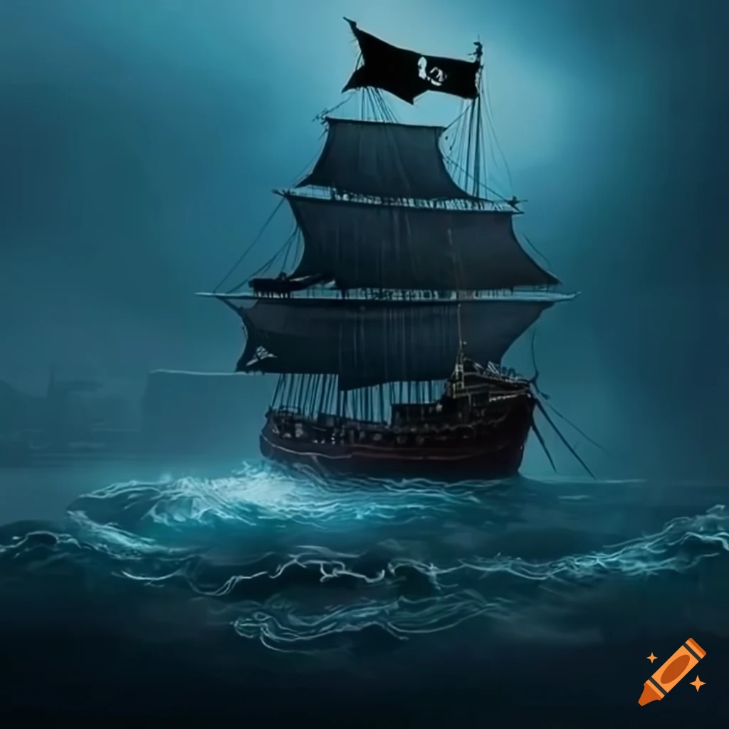 Pirate ship navigating through fog and rain with a kraken-forming wave ...