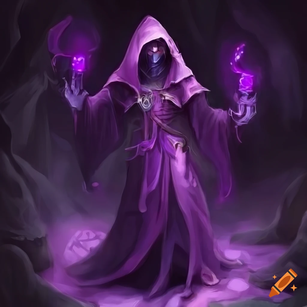 Purple hooded magic necromancer in fantasy art on Craiyon