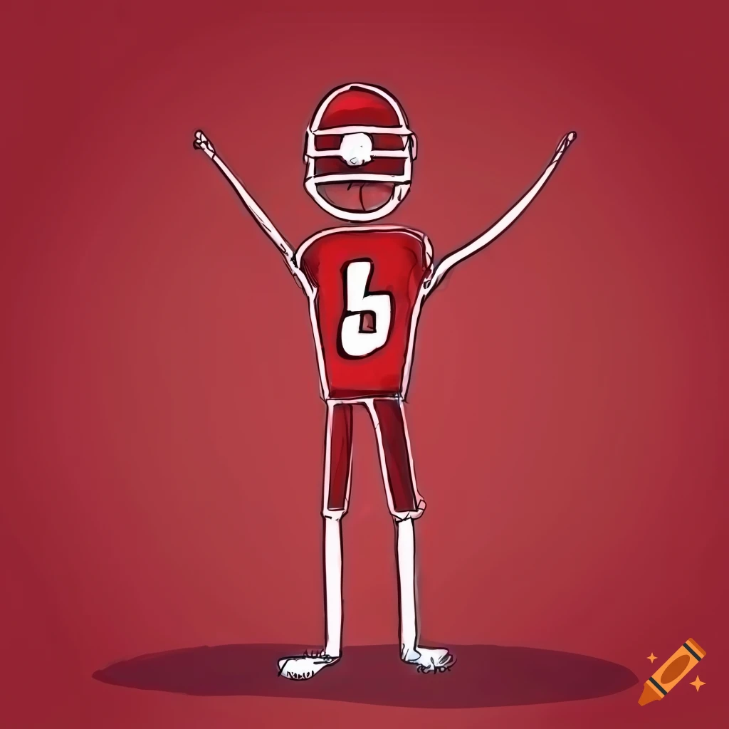 American football player in red jersey in a stick figure drawing on Craiyon
