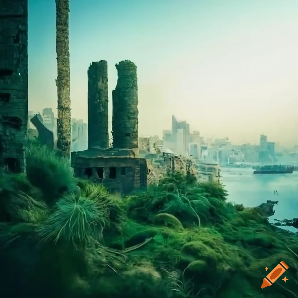 Overgrown baku city ruins with lush vegetation on Craiyon