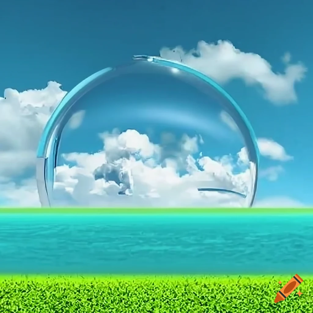 Early 2000s technology nature with grass, water, and city in the ...