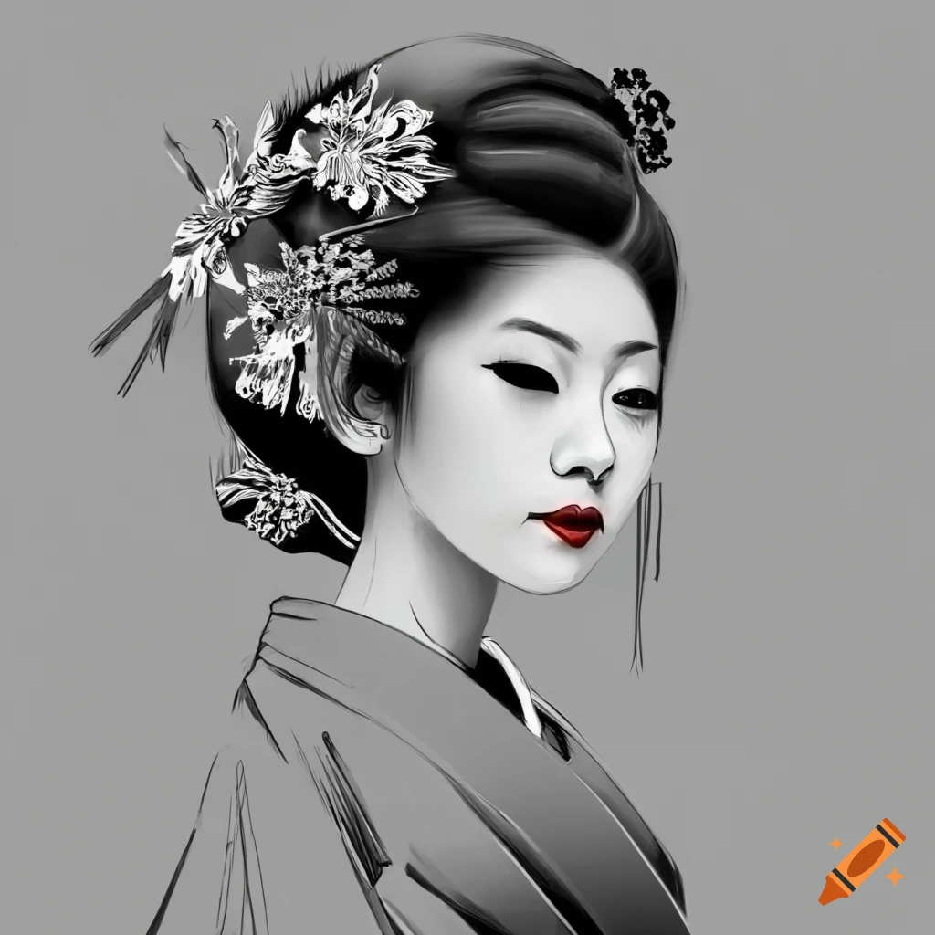Monochrome hand-drawing of a black geisha on black background on Craiyon