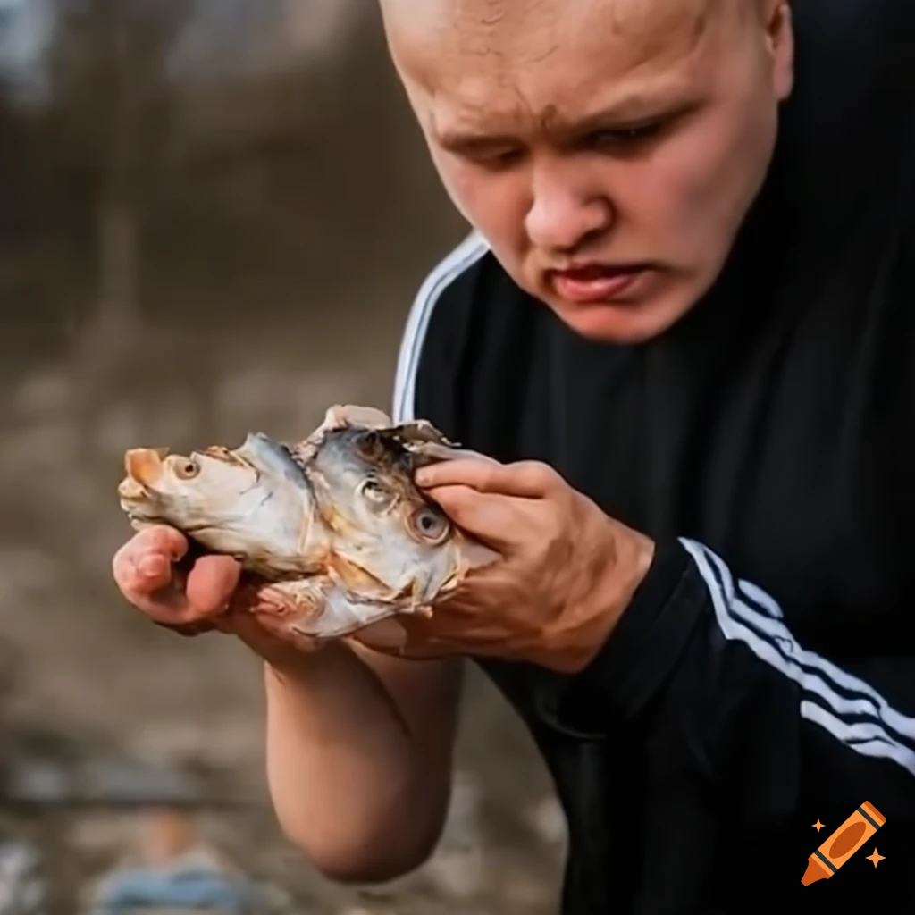 Russian man eating dried fish in a rural village on Craiyon