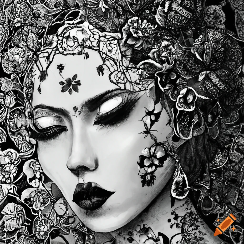 Intricate black and white ink drawing of a woman transforming into ...
