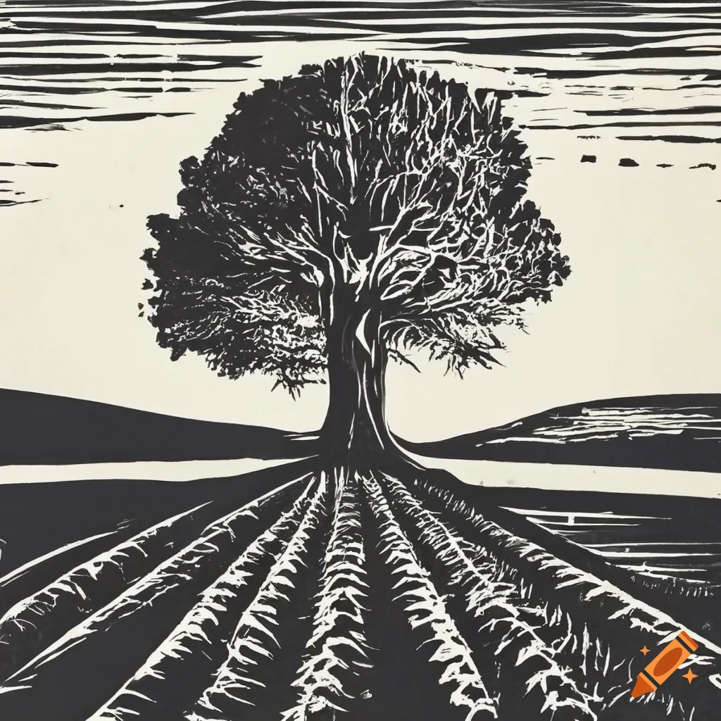 Lone tree in a field in a monochrome woodcut style on Craiyon