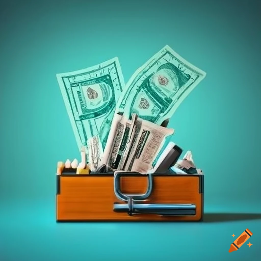 Financial toolbox with spreadsheets, dollar signs, graphs, and stock ...