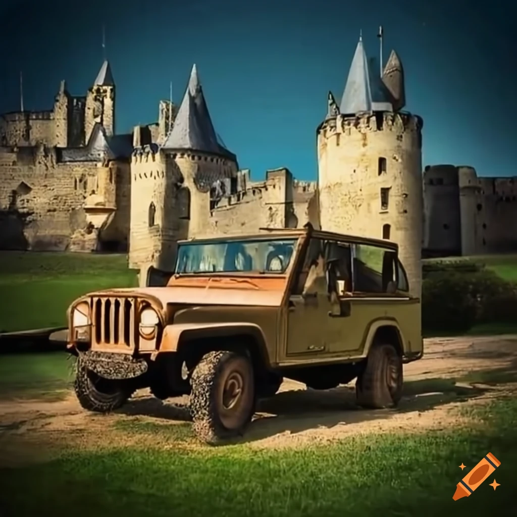Rustic 4x4 jeep in front of the historic castle of saumur on Craiyon
