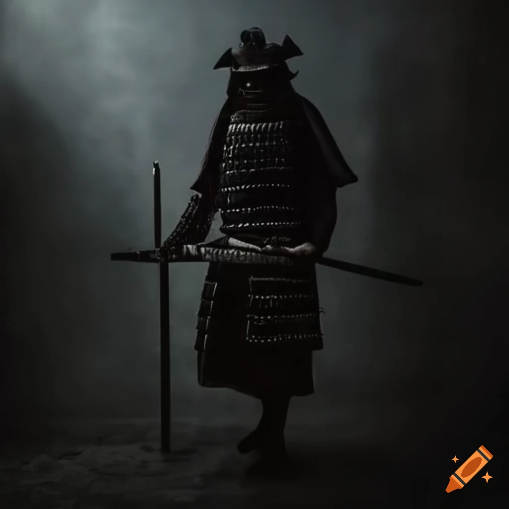 Mysterious samurai with crossed swords in a motivational dark setting ...