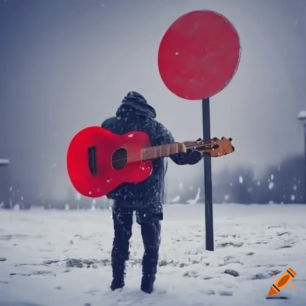 Man carrying red stop sign and guitar in snowy street on Craiyon