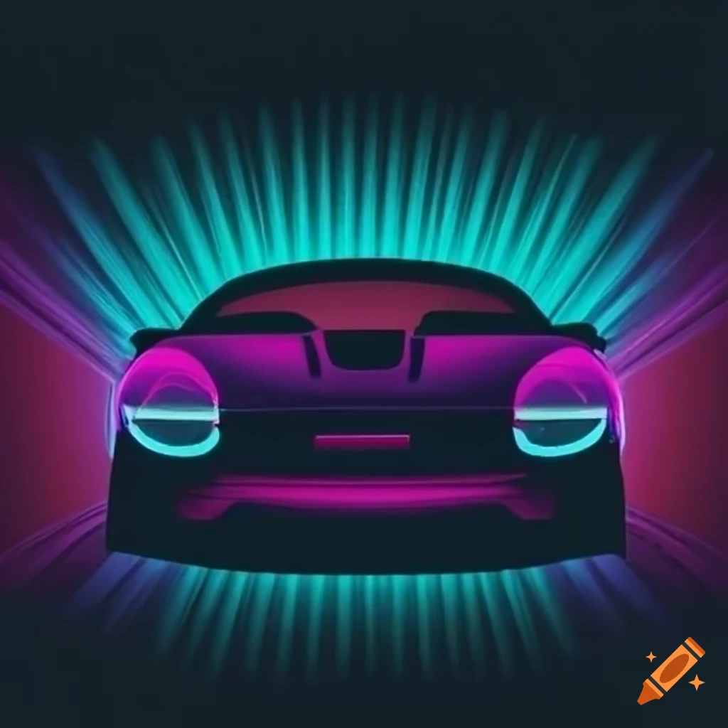 Sports car driving into neon sunset on Craiyon